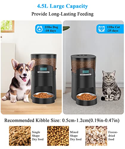 Cat Feeder, HoneyGuaridan 4.5L Automatic Pet Feeder for Dogs Food Dispenser Auto Cat Feeder – 6 Meal Portion Control, Distribution Alarm, Programmable Timer Feeder, Customizable Voice Recorder Black