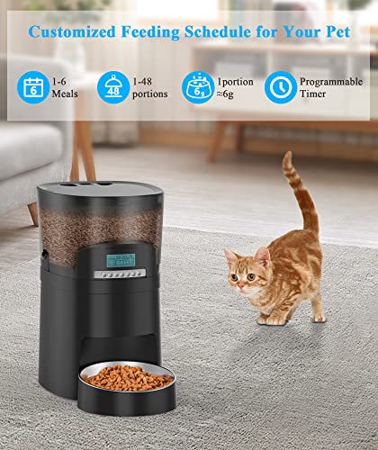 Cat Feeder, HoneyGuaridan 4.5L Automatic Pet Feeder for Dogs Food Dispenser Auto Cat Feeder – 6 Meal Portion Control, Distribution Alarm, Programmable Timer Feeder, Customizable Voice Recorder Black