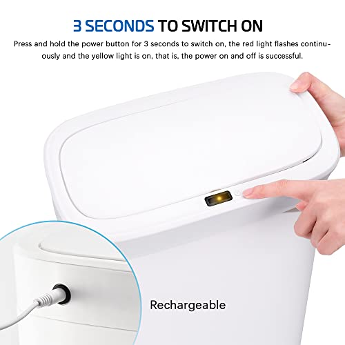 Touchless Trash Can for Bathroom, with Motion Sensor Lid USB Charging / 3.2 Gallon Slim Plastic Narrow Garbage Bin Open Lid/Automatic Smart Wastebasket/for Kitchen, Office, Living Room (White)