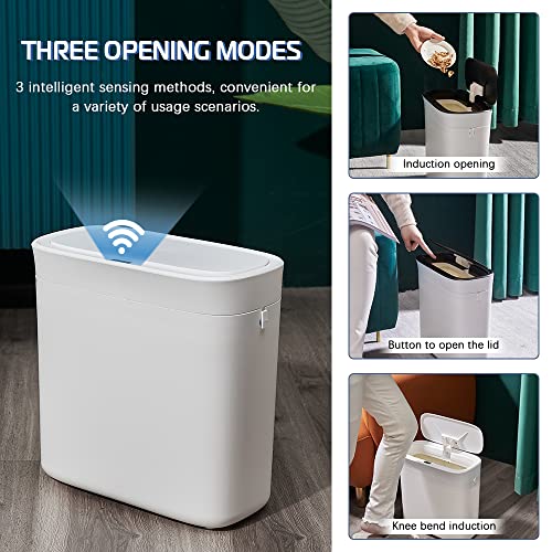 Touchless Trash Can for Bathroom, with Motion Sensor Lid USB Charging / 3.2 Gallon Slim Plastic Narrow Garbage Bin Open Lid/Automatic Smart Wastebasket/for Kitchen, Office, Living Room (White)