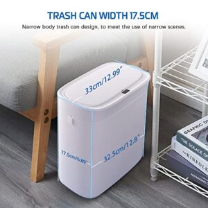 Touchless Trash Can for Bathroom, with Motion Sensor Lid USB Charging / 3.2 Gallon Slim Plastic Narrow Garbage Bin Open Lid/Automatic Smart Wastebasket/for Kitchen, Office, Living Room (White)