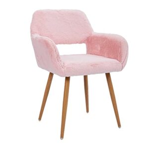 faux fur chair for bedroom mid century modern desk living room chairs with armrest, sherpa accent dining chair, comfy armchair with metal legs, home girls vanity makeup study office desk chair (pink)