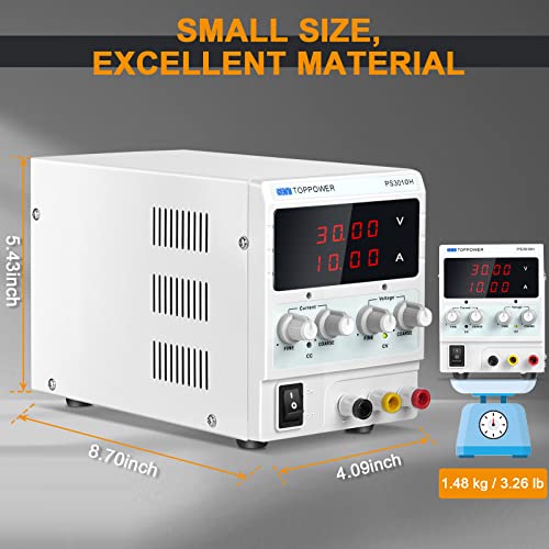 DC Power Supply Variable, 30V 10A Adjustable Switching Regulated DC Bench Lab Power Supply with 4-Digits LED Power Display,Coarse and Fine Adjustments