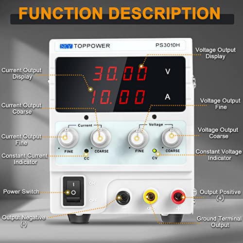 DC Power Supply Variable, 30V 10A Adjustable Switching Regulated DC Bench Lab Power Supply with 4-Digits LED Power Display,Coarse and Fine Adjustments