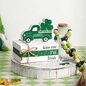 st. patrick's day tiered tray decor, 1 st. patrick's wood book stack, 1 bead garland, i’m irish shamrock mini faux decorative books bundle, farmhouse st. patrick's party table mantle decor