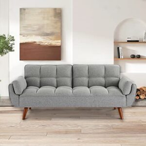 Melpomene Convertible Sofa Sleeper with Armrest,Upholstered Modern Linen Split-Back Futon Sofa Bed with Adjustable Back and Wood Legs,Grey