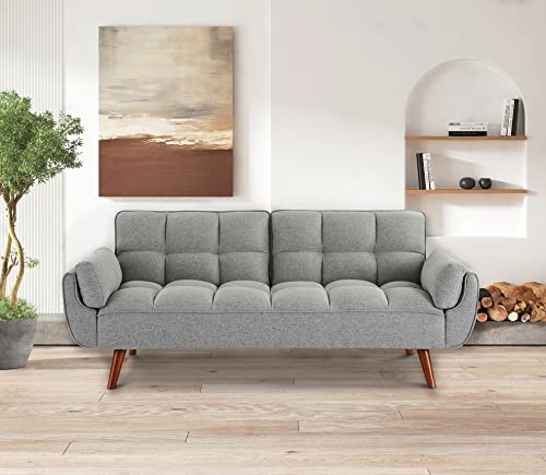 Melpomene Convertible Sofa Sleeper with Armrest,Upholstered Modern Linen Split-Back Futon Sofa Bed with Adjustable Back and Wood Legs,Grey