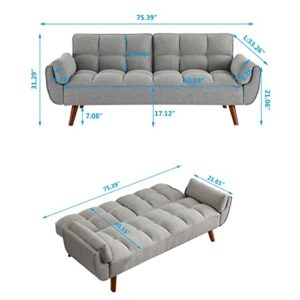 Melpomene Convertible Sofa Sleeper with Armrest,Upholstered Modern Linen Split-Back Futon Sofa Bed with Adjustable Back and Wood Legs,Grey