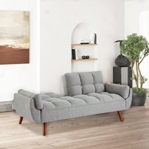 Melpomene Convertible Sofa Sleeper with Armrest,Upholstered Modern Linen Split-Back Futon Sofa Bed with Adjustable Back and Wood Legs,Grey