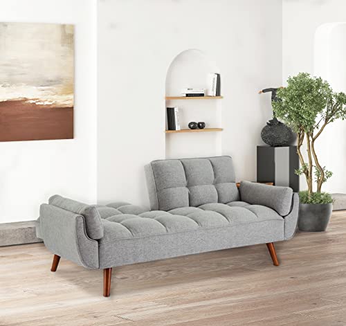 Melpomene Convertible Sofa Sleeper with Armrest,Upholstered Modern Linen Split-Back Futon Sofa Bed with Adjustable Back and Wood Legs,Grey