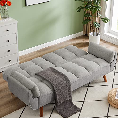 Melpomene Convertible Sofa Sleeper with Armrest,Upholstered Modern Linen Split-Back Futon Sofa Bed with Adjustable Back and Wood Legs,Grey