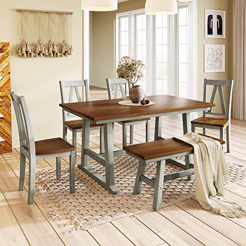 LUMISOL 6-Piece Dining Table Set with Bench, Wood Dinette Set for 6 Kitchen Table Set for Dining Room, Farmhouse Style