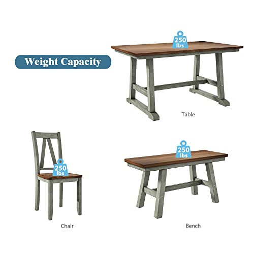 LUMISOL 6-Piece Dining Table Set with Bench, Wood Dinette Set for 6 Kitchen Table Set for Dining Room, Farmhouse Style