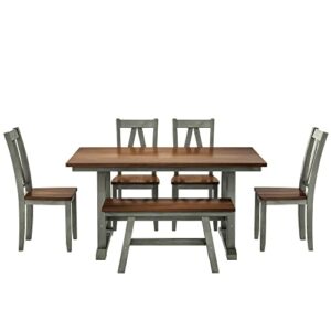 LUMISOL 6-Piece Dining Table Set with Bench, Wood Dinette Set for 6 Kitchen Table Set for Dining Room, Farmhouse Style