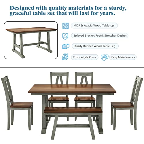 LUMISOL 6-Piece Dining Table Set with Bench, Wood Dinette Set for 6 Kitchen Table Set for Dining Room, Farmhouse Style