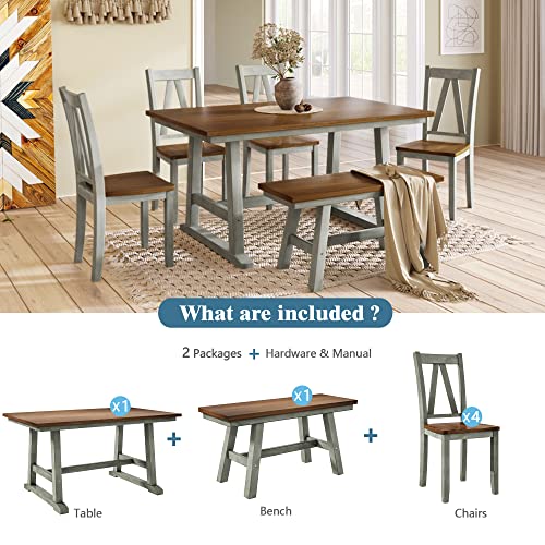 LUMISOL 6-Piece Dining Table Set with Bench, Wood Dinette Set for 6 Kitchen Table Set for Dining Room, Farmhouse Style