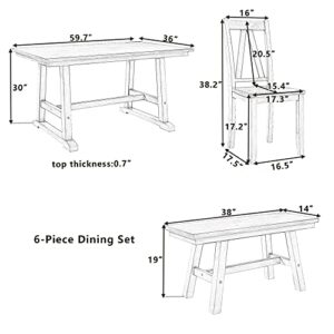 LUMISOL 6-Piece Dining Table Set with Bench, Wood Dinette Set for 6 Kitchen Table Set for Dining Room, Farmhouse Style