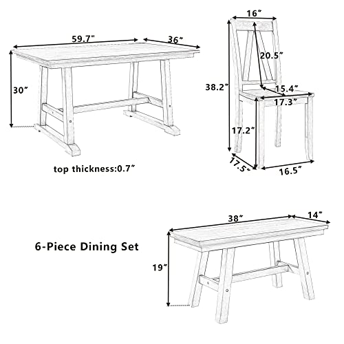 LUMISOL 6-Piece Dining Table Set with Bench, Wood Dinette Set for 6 Kitchen Table Set for Dining Room, Farmhouse Style