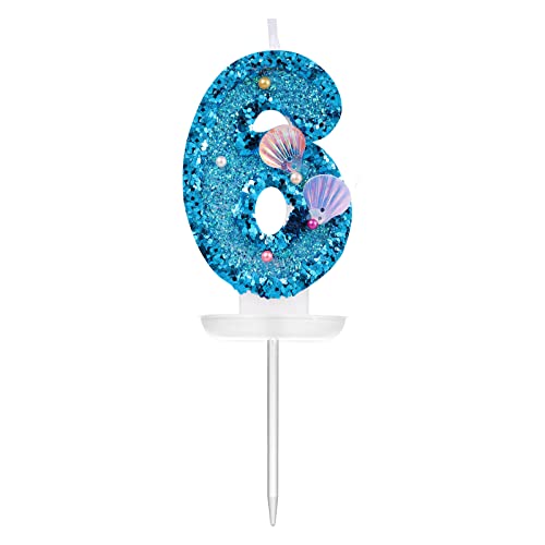 3 Inch Birthday Number Candle, Blue Shell Sequins Number Candles Glitter Number Candle Cake Numeral Candles Cake Topper for Birthday Anniversary Mermaid Themed Party (6)