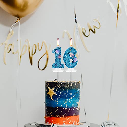 3 Inch Birthday Number Candle, Blue Shell Sequins Number Candles Glitter Number Candle Cake Numeral Candles Cake Topper for Birthday Anniversary Mermaid Themed Party (6)