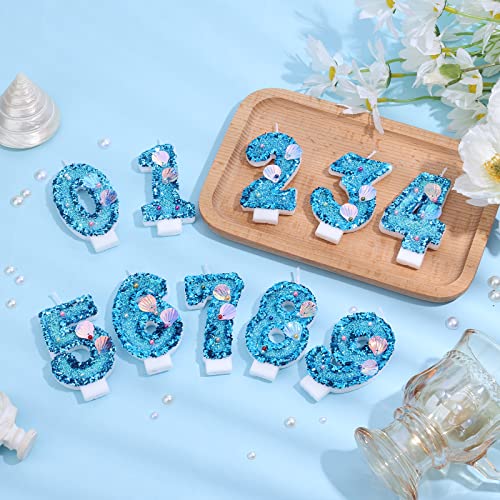 3 Inch Birthday Number Candle, Blue Shell Sequins Number Candles Glitter Number Candle Cake Numeral Candles Cake Topper for Birthday Anniversary Mermaid Themed Party (6)