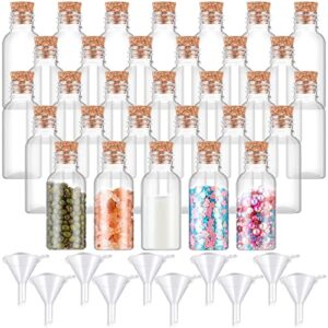 50 packs 1 oz plastic sand art bottles with cork stoppers mini vial potion bottles perfume cork bottle with 10 mini funnels for filling bottles for diy craft, essential oil, message, party favor