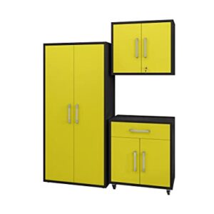 Manhattan Comfort Eiffel 3-Piece Storage Garage Set in Matte Black and Yellow