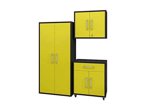 Manhattan Comfort Eiffel 3-Piece Storage Garage Set in Matte Black and Yellow