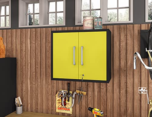 Manhattan Comfort Eiffel 3-Piece Storage Garage Set in Matte Black and Yellow