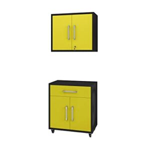 Manhattan Comfort Eiffel 2-Piece Storage Garage Set in Matte Black and Yellow