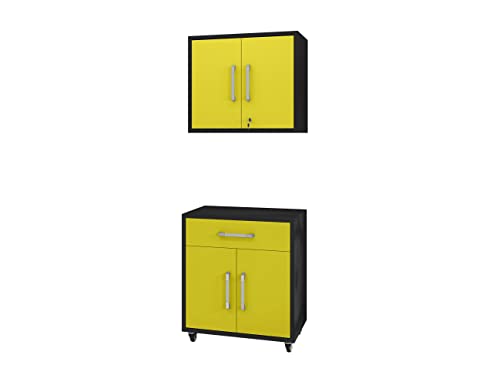 Manhattan Comfort Eiffel 2-Piece Storage Garage Set in Matte Black and Yellow