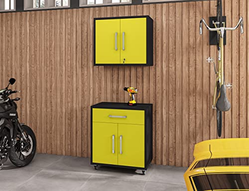 Manhattan Comfort Eiffel 2-Piece Storage Garage Set in Matte Black and Yellow