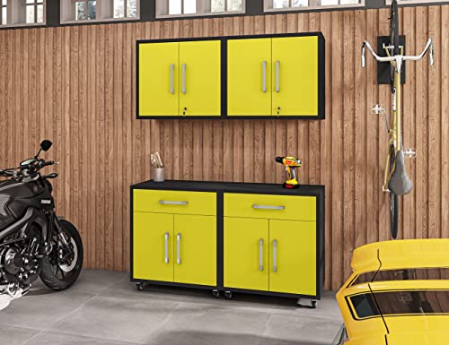 Manhattan Comfort Eiffel 4-Piece Garage Storage Set in Matte Black and Yellow