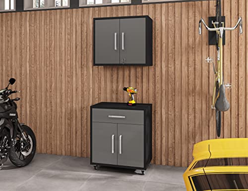 Manhattan Comfort Eiffel Garage Cabinets and Storage System, Set of 2, Matte Black and Grey