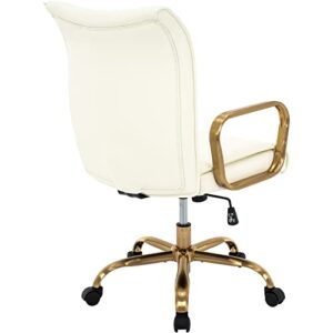 MFD LIVING Home Office Chair, Modern Upholstered Mid-Back PU Leather Task Desk Chair with Arms, Adjustable Rocking Swivel Computer Chair with Wheels (Off-White, Gold Base)