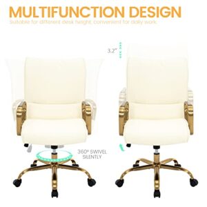 MFD LIVING Home Office Chair, Modern Upholstered Mid-Back PU Leather Task Desk Chair with Arms, Adjustable Rocking Swivel Computer Chair with Wheels (Off-White, Gold Base)