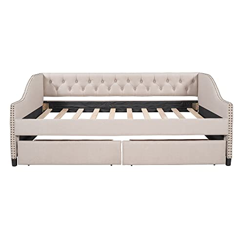 Upholstered Full Daybed with Two Storage Drawers, Full Size Button Tufted Sofa Bed Daybed with Nailhead Trim and Wood Slat Support (Beige Fabric)