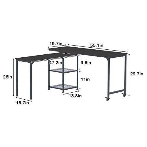 soges Reversible L Shaped Desk, 360° Free Rotating Corner Computer Desk, 55 inch L Desk with Storage Shelves for Home Office, Modern Study Writing Table Workstation, Black