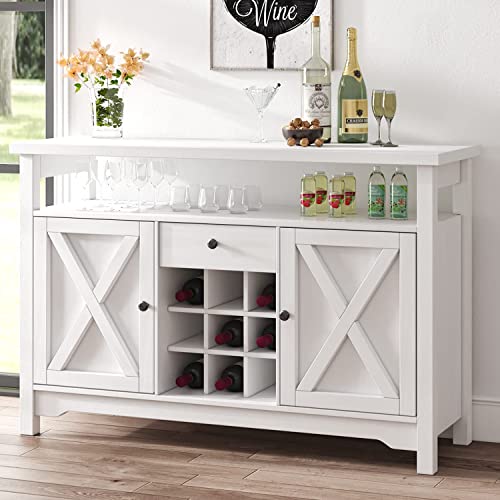 4 EVER WINNER Coffee Bar Cabinet Farmhouse, 47” Kitchen Buffet Storage Cabinet with Wine and Glass Racks, Storage Drawers, Wine Bar Cabinet with Barn Door for Kitchen, Dining Room, White