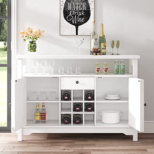 4 EVER WINNER Coffee Bar Cabinet Farmhouse, 47” Kitchen Buffet Storage Cabinet with Wine and Glass Racks, Storage Drawers, Wine Bar Cabinet with Barn Door for Kitchen, Dining Room, White