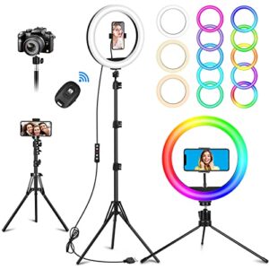 10.2" selfie ring light with stand and phone holder, desk tripod, 29 rgb lighting modes, remote for iphone &android camera. led halo light for photo, video recording, tiktok. circle ringlight dimmable