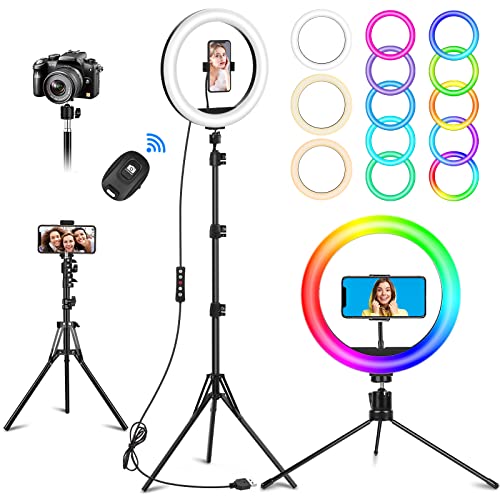 10.2" Selfie Ring Light with Stand and Phone Holder, Desk Tripod, 29 RGB Lighting Modes, Remote for iPhone &Android Camera. LED Halo Light for Photo, Video Recording, TikTok. Circle Ringlight Dimmable