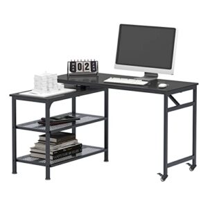 soges reversible l shaped desk, 360° free rotating corner computer desk, 47 inch l desk with storage shelves for home office, modern study writing table workstation, black