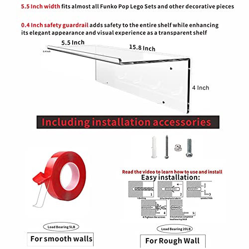 Invisible Acrylic Floating Shelves for Funko Pop Lego Sets Collectibles Bookshelf Figures Plant Picture Photo Modern Wall Ledge Floating Shelf for Bedroom Decor Living Room Wall Mounted Set of 4