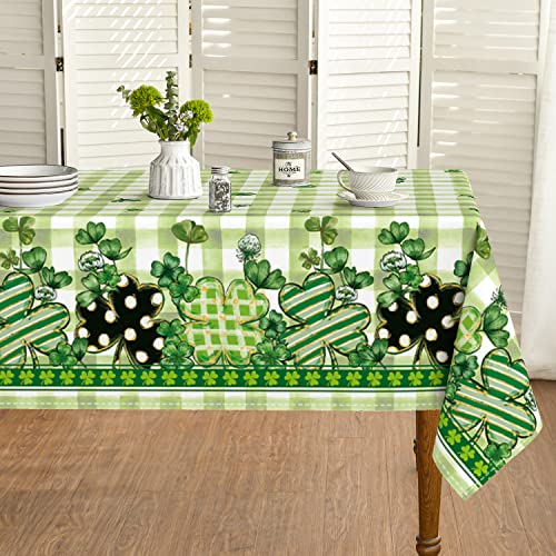 Horaldaily St. Patrick's Day Tablecloth 60x84 Inch, Buffalo Plaid Pot Shamrock Table Cover for Party Picnic Dinner Decor