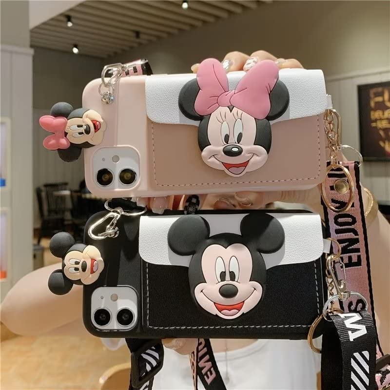 Threesee for iPhone 11 Case,Puppy Mickey Minnie Mouse Cute Cartoon Card Bag Oblique Straddle Rope Soft TPU Women Girls Kids Protective Phone Case for iPhone 11 6.1 inch,Minnie Mouse