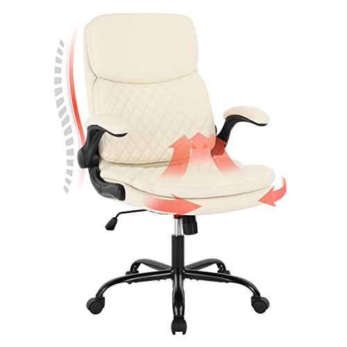 COLAMY Executive Office Chair-Ergonomic Home Office Chair, High Back Computer Chair with Flip-up Arms, Double Padded Thick Leather Office Chair for Comfort, Swivel Task Rolling Chair (Ivory, 300lbs)