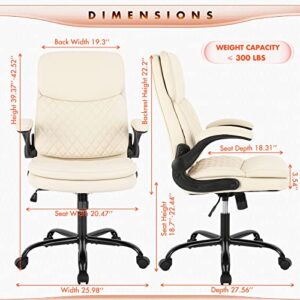 COLAMY Executive Office Chair-Ergonomic Home Office Chair, High Back Computer Chair with Flip-up Arms, Double Padded Thick Leather Office Chair for Comfort, Swivel Task Rolling Chair (Ivory, 300lbs)