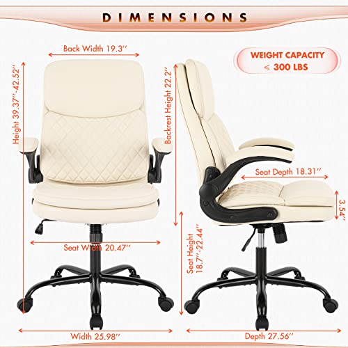 COLAMY Executive Office Chair-Ergonomic Home Office Chair, High Back Computer Chair with Flip-up Arms, Double Padded Thick Leather Office Chair for Comfort, Swivel Task Rolling Chair (Ivory, 300lbs)