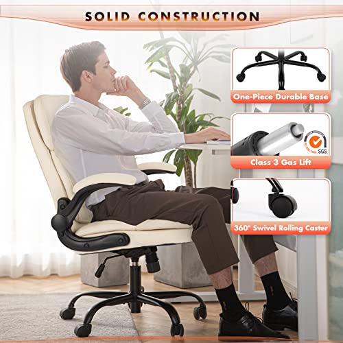 COLAMY Executive Office Chair-Ergonomic Home Office Chair, High Back Computer Chair with Flip-up Arms, Double Padded Thick Leather Office Chair for Comfort, Swivel Task Rolling Chair (Ivory, 300lbs)